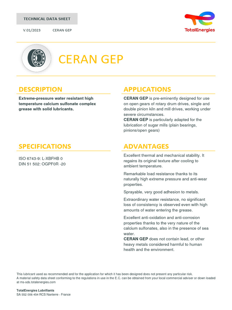 TDS - TOTALEnergies - CERAN GEP - HNQ - 202307 - EN | PDF | Lubricant | Viscosity