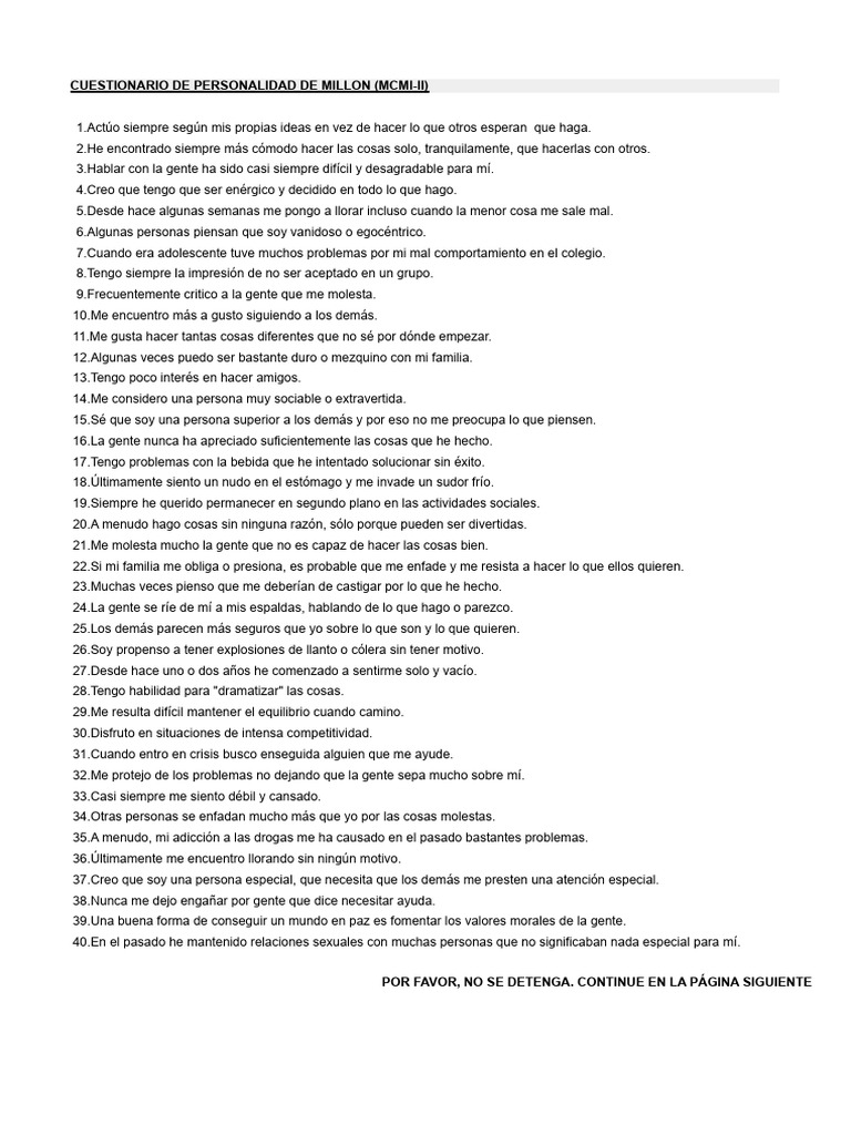 Test de Millon MCMI-II (cuestionario) | PDF | Sicología
