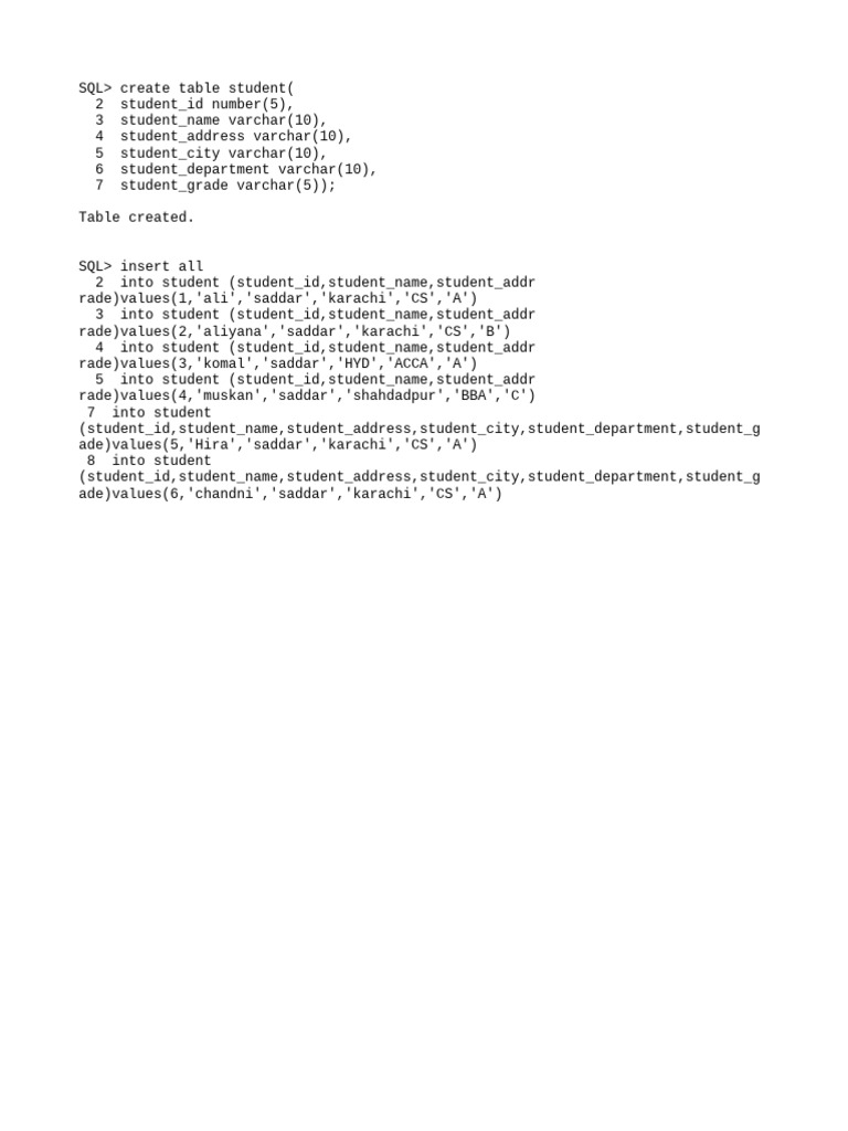 SQL Create Table Student( | PDF