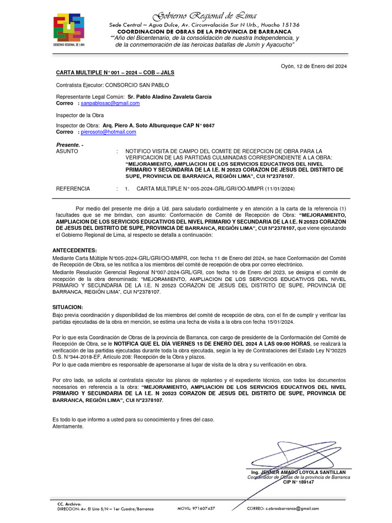 Carta Mulitple N°001-2024-Cob-Jals Notifico Programacion de La Conf. Del Comit. | PDF