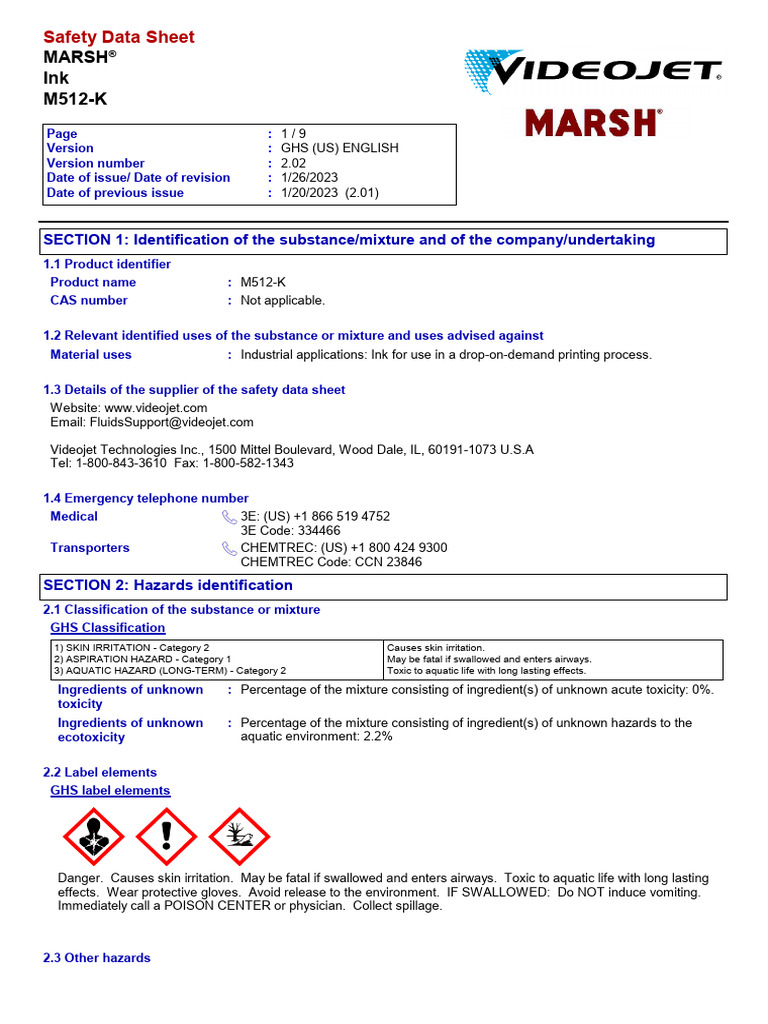 Marsh Ink: Safety Data Sheet | PDF | Toxicity | Waste