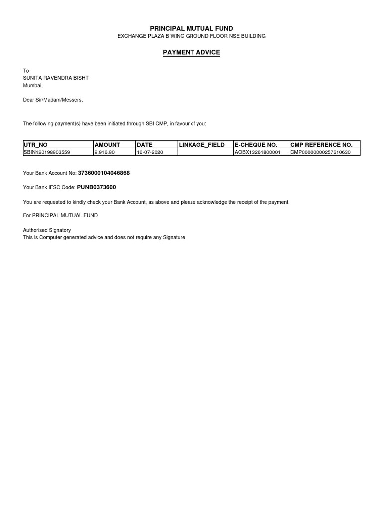 Payment Advice from Principal Mutual Fund | PDF