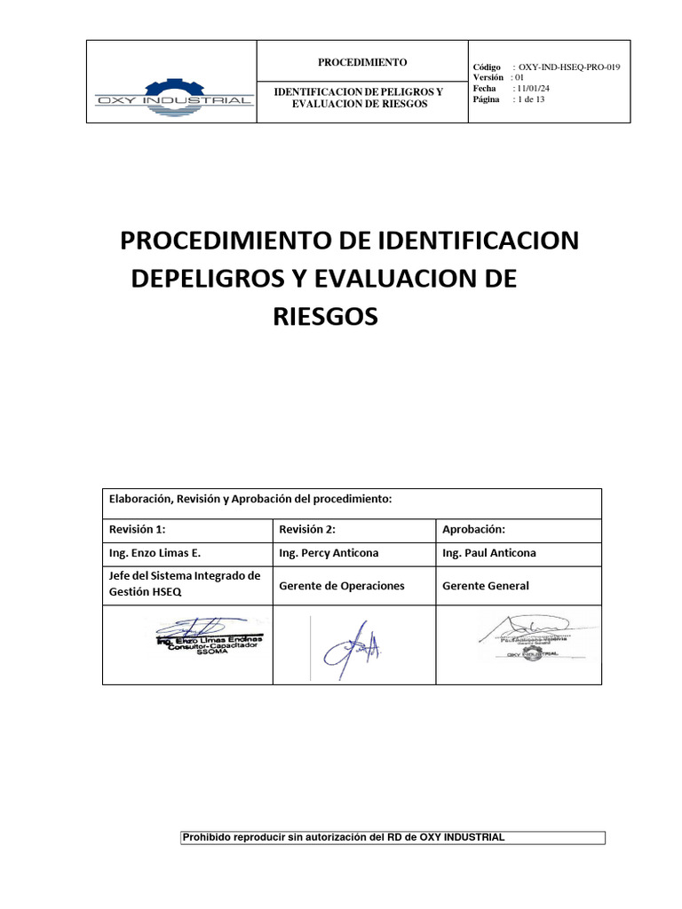 OXY-IND-HSEQ-PRO-019 Procedimiento de Identificacion de Peligros y Evaluacion de Riesgos | PDF ...