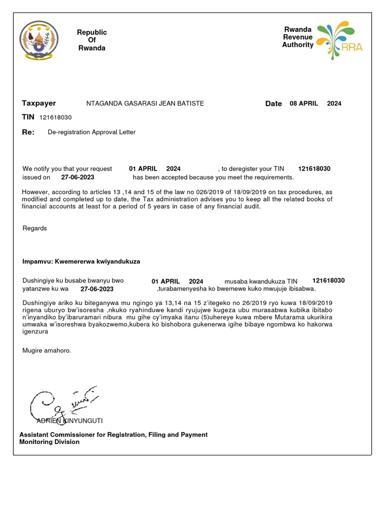 Taxpayer TIN Date: Rwanda Revenue Authority Republic of Rwanda | PDF