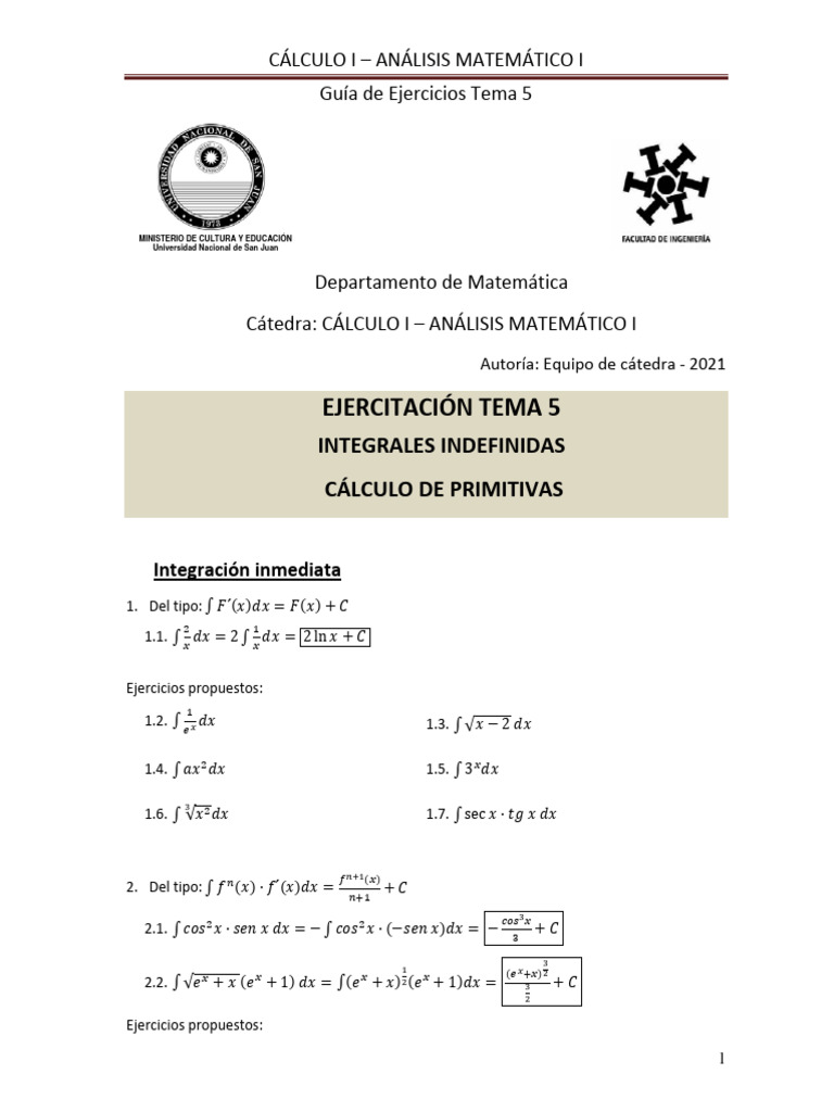 Guía Ejercitación Tema 5 | PDF | Integral | Matemática Elemental