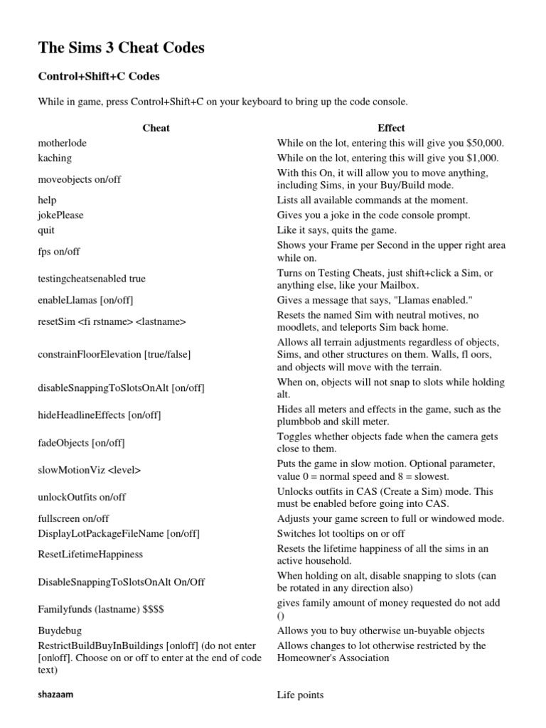The Sims 3 Cheat Codes | PDF | Cheating In Video Games | Computing
