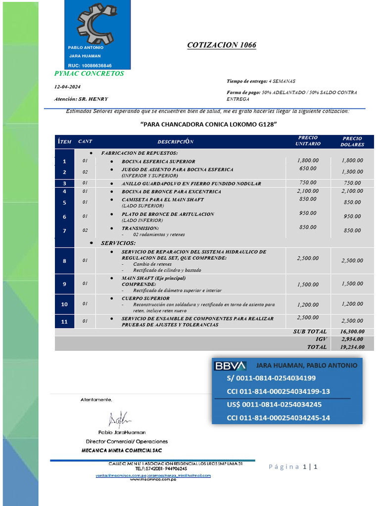 Cotizacion 1066 - Pymac Concretos | PDF | Ingeniería mecánica