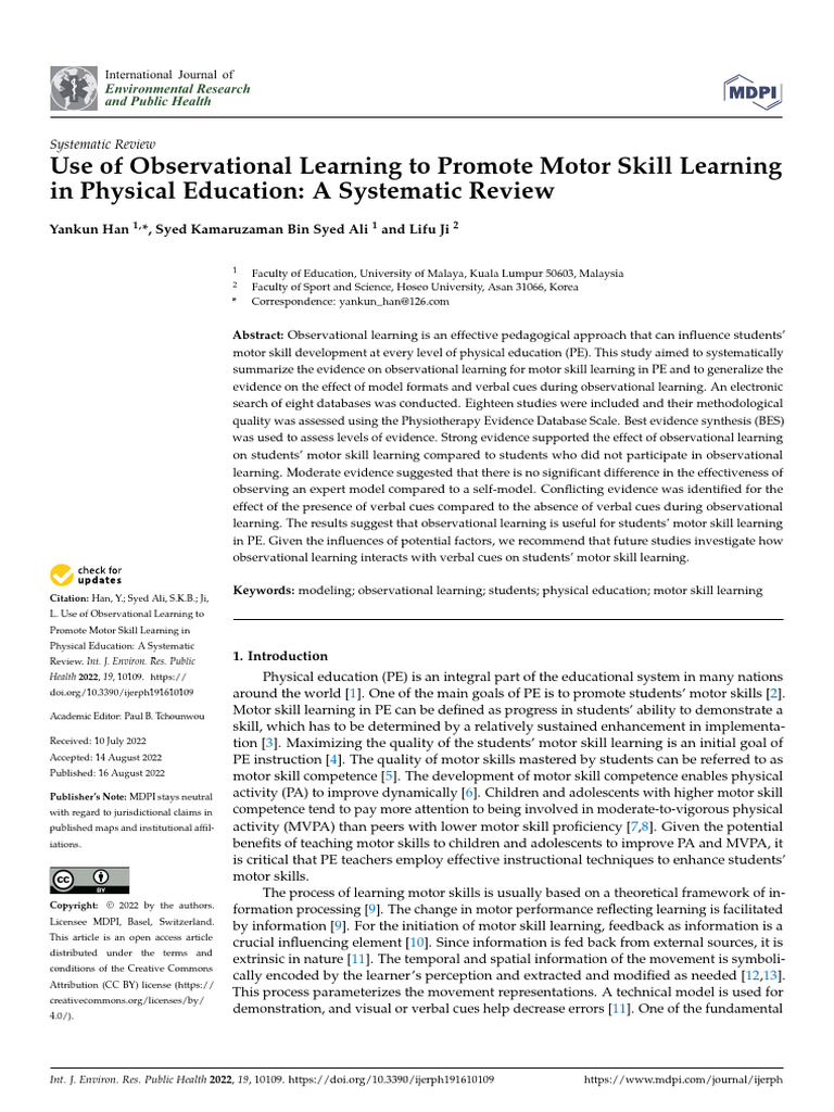 Use of Observational Learning To Promote Motor Skill Learning in Physical Education - A ...