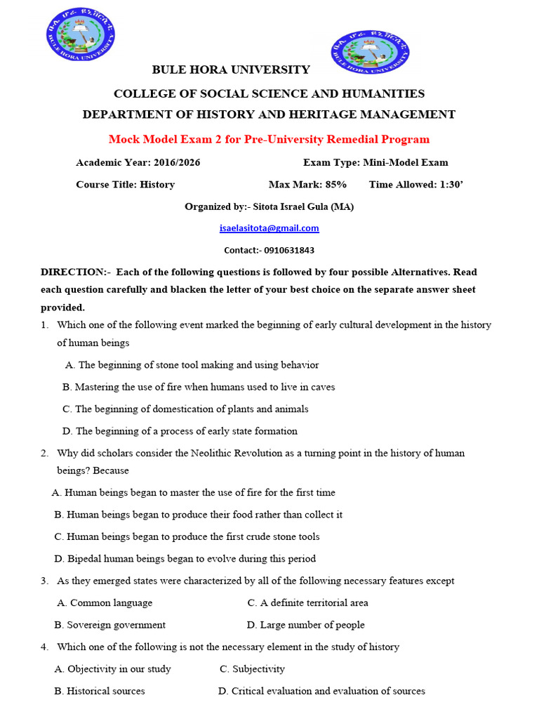 2016 History Remedial Exam Questions | PDF | Ethiopia | Middle Ages
