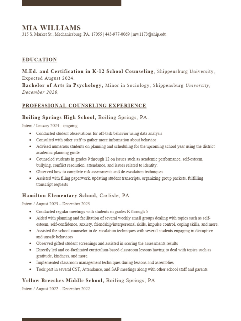 mia williams resume- for portfolio | PDF | School Counselor | Self Esteem