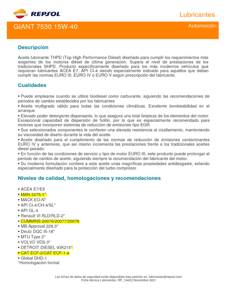 Aceite Repsol Giant 7530 15W-40 | PDF | Lubricante