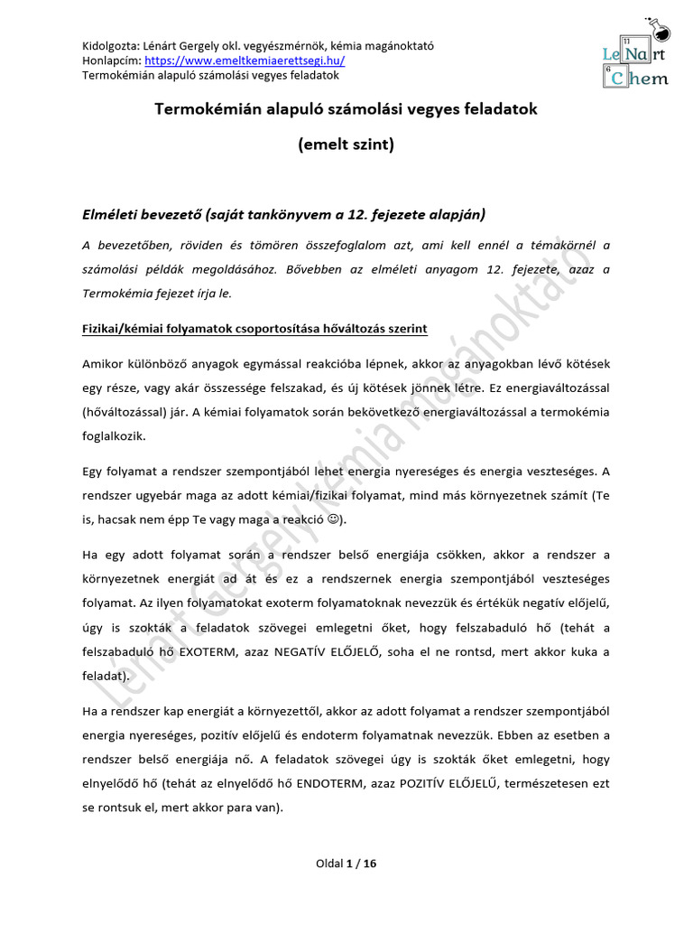 Termokémián Alapuló Számolási Vegyes Feladatok - Feladatsor | PDF