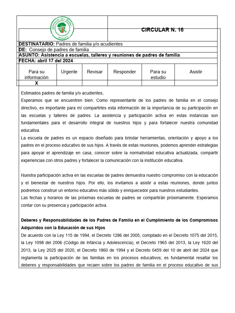 CIRCULAR 16 Asistencia A Escuelas de Padres | PDF | Escuelas