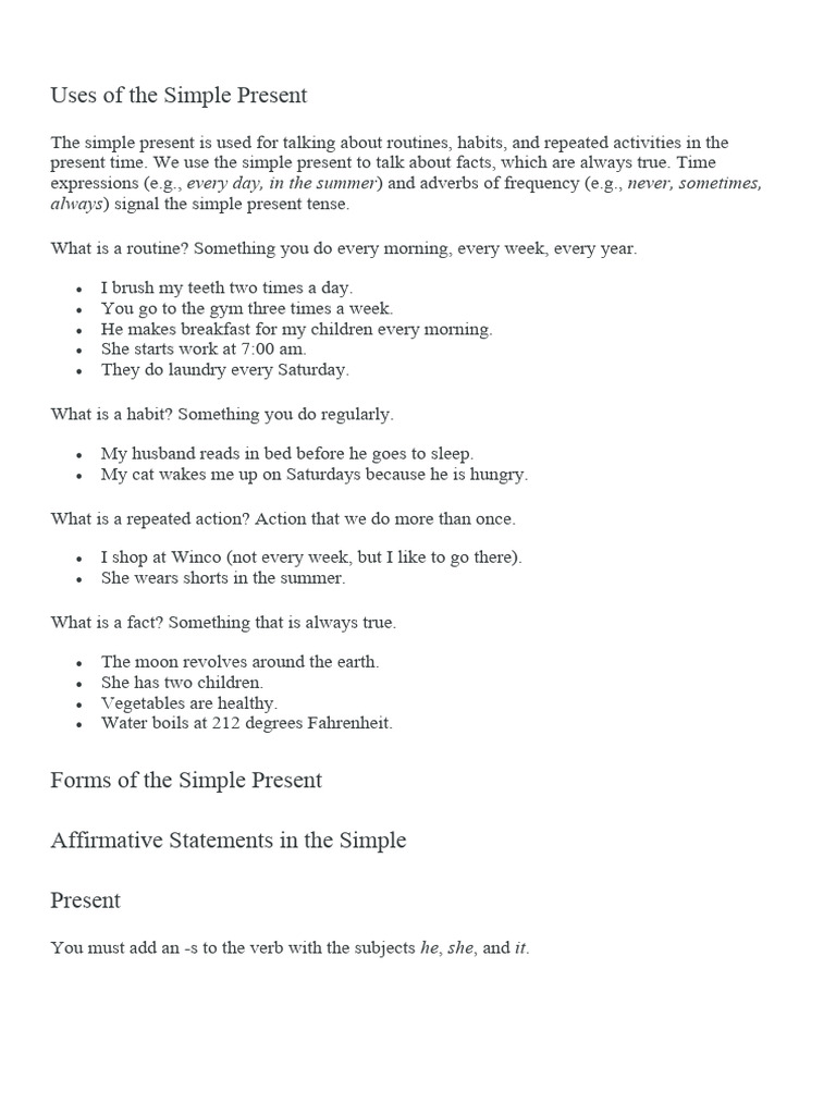 Simple Present Tense Uses Explained | PDF | Subject (Grammar) | Verb