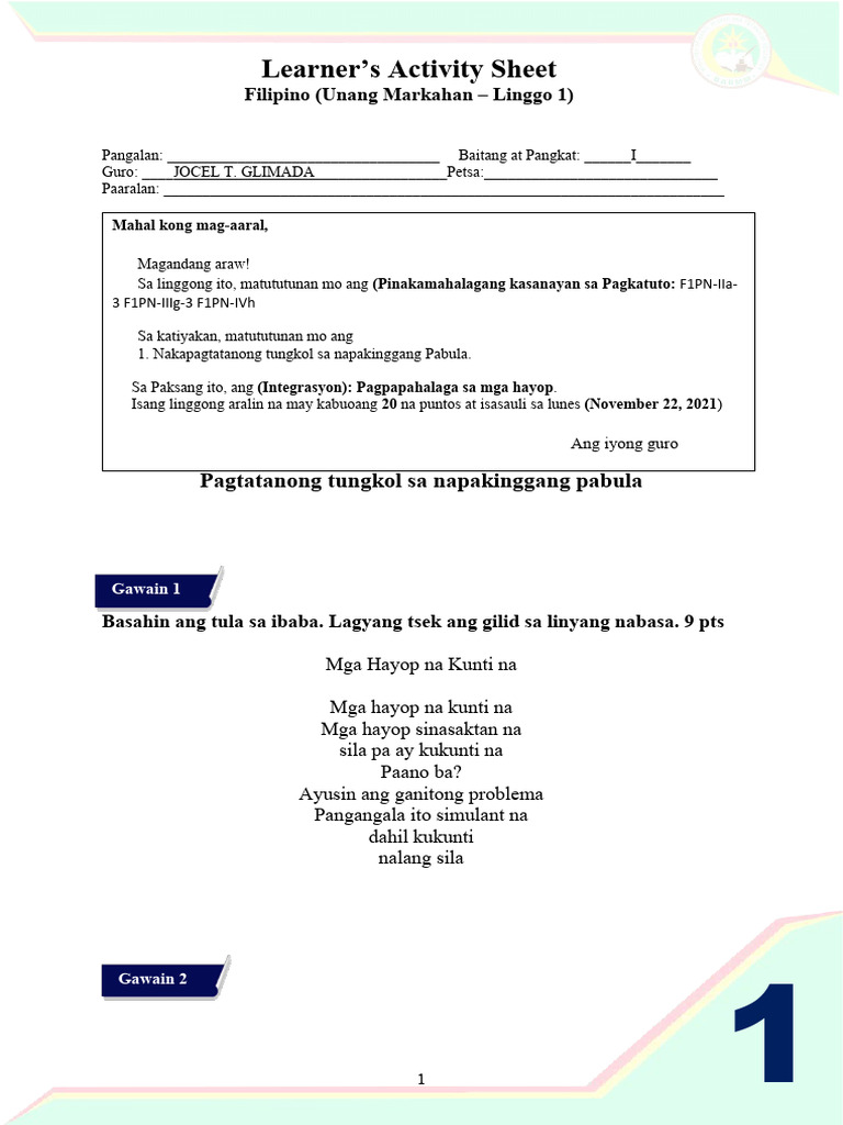 Learner's Activity Sheet: Pagtatanong Tungkol Sa Napakinggang Pabula | PDF