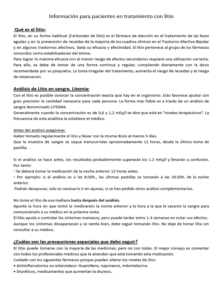 Litio para Pacientes | Descargar gratis PDF | Medicina CLINICA | Drogas