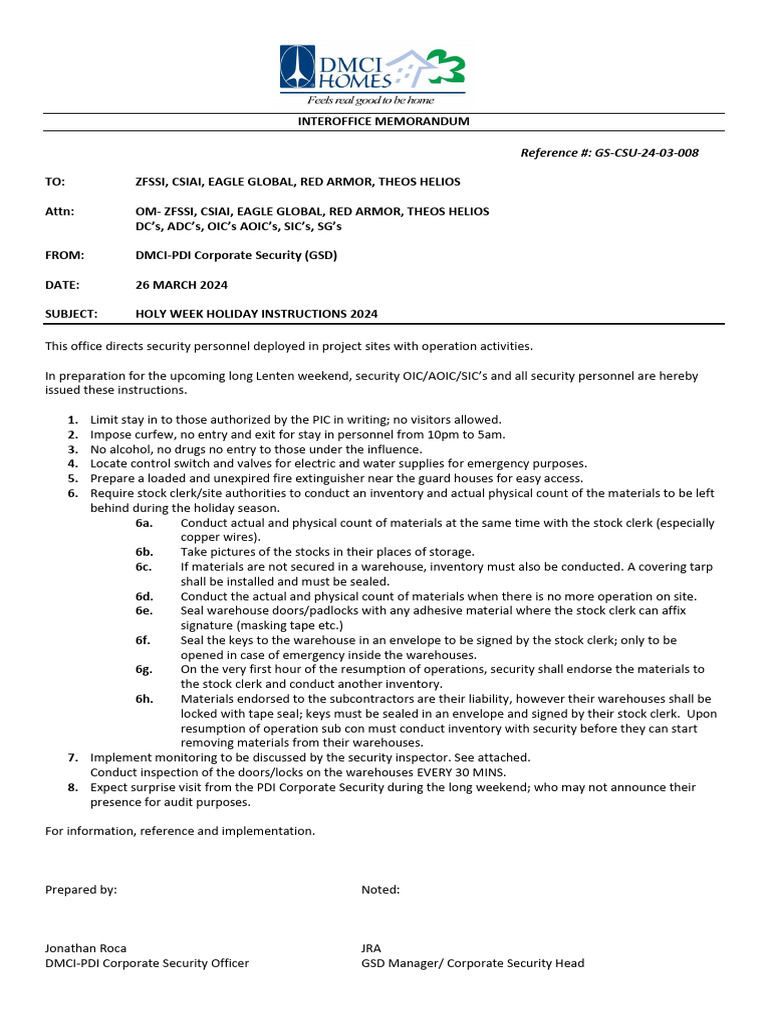 Holy Week Holiday Security Memo 2024 | PDF | Warehouse
