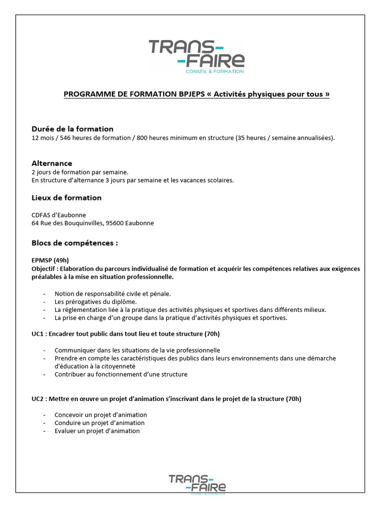 BPJEPS Activités Physiques Pour Tous - Programme Pédagogique - Rentrée ...