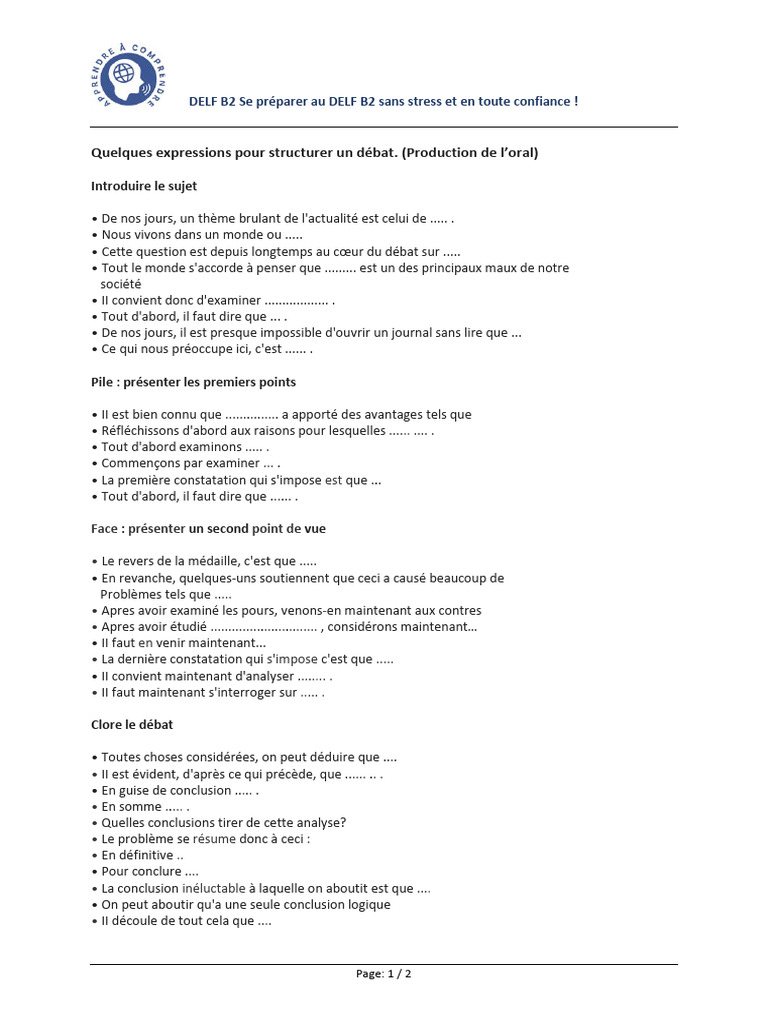 Expressions pour structurer un débat DELF B2 | PDF | Évolution de ...