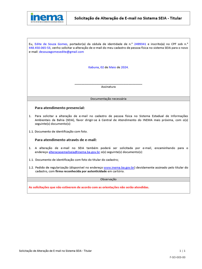 F-SEI-003-00 Solicitacao de Alteracao de E-Mail No Sistema SEIA - Titular | PDF