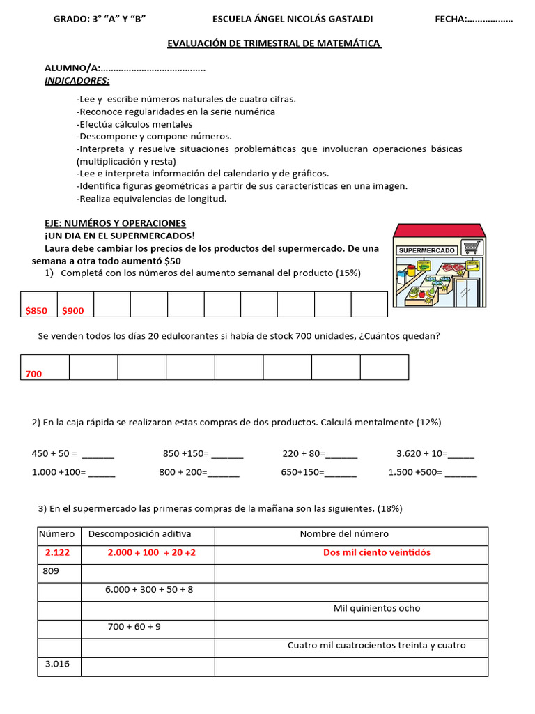 Trimestral Matem Tercero Gastaldi 2023 | PDF