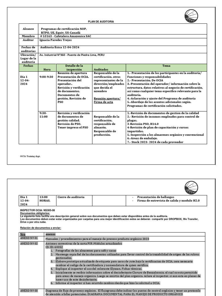 PLAN de AUDITORIA - # 53163 - Cafetalera Amazonica SACdoc | PDF | Auditoría