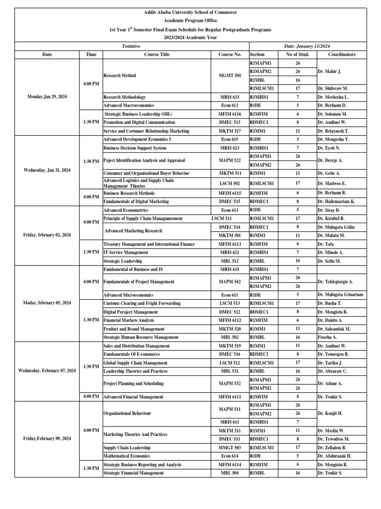 1st Year 1st Semester Final Exam Schedule For Regular PG Program | PDF ...