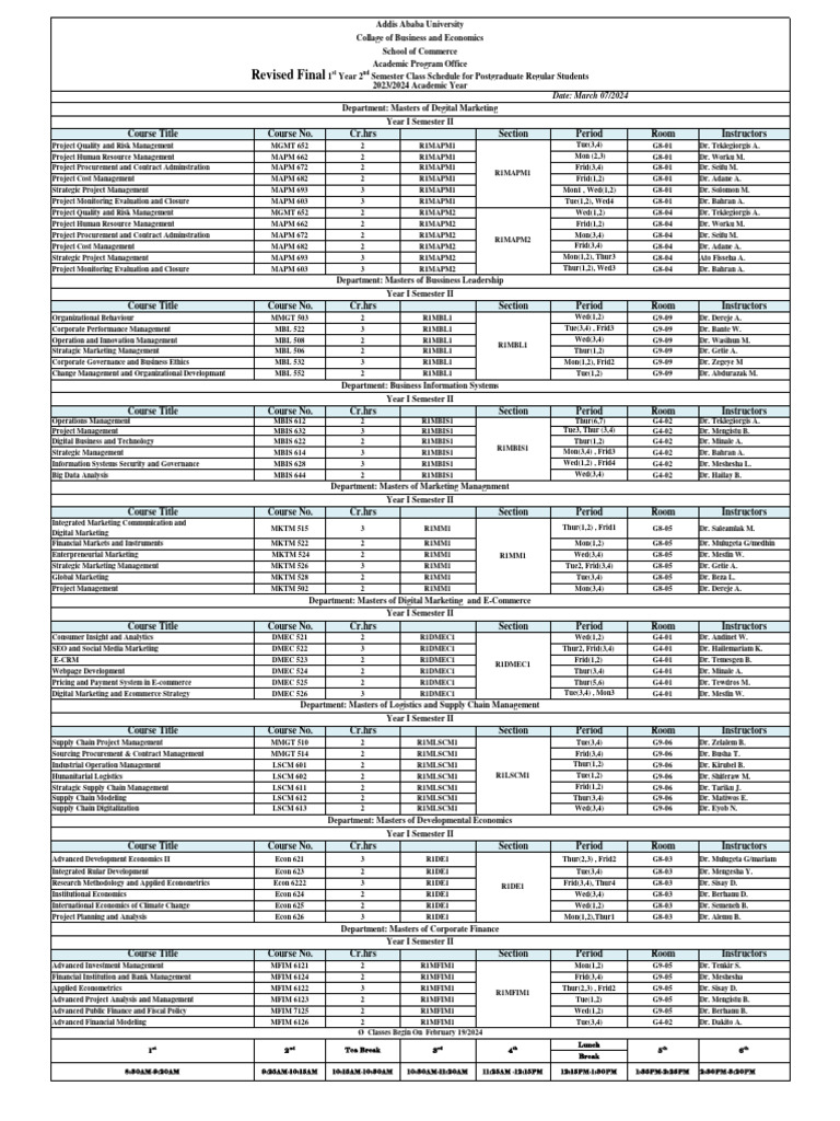 Revised Final 1st Year 2nd Semester Class Schedule For Regular PG | PDF ...