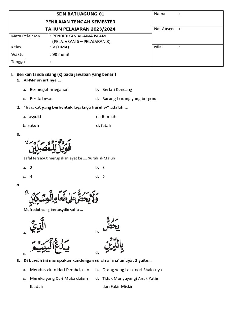 Latihan Soal PTS Pai SD Kelas 5 SMT 2 | PDF | Agama & Spiritualitas