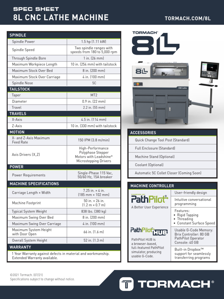 8l Lathe Spec Sheet 0721 | PDF | Metalworking | Tools