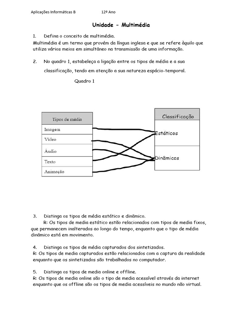 2-Ficha de Trabalho de Multimédia - Conceitos Multiméda | PDF | Rede de computadores | Vídeo
