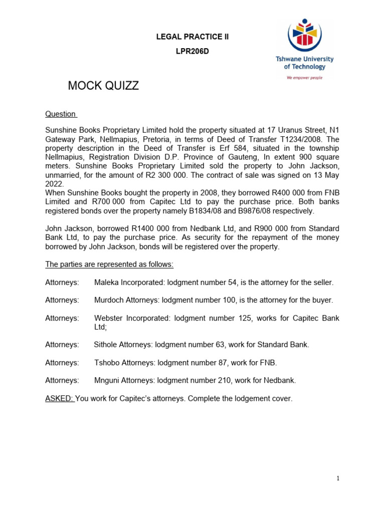 Legal Practice II Mock Quiz on Property | PDF | Conveyancing | Deed