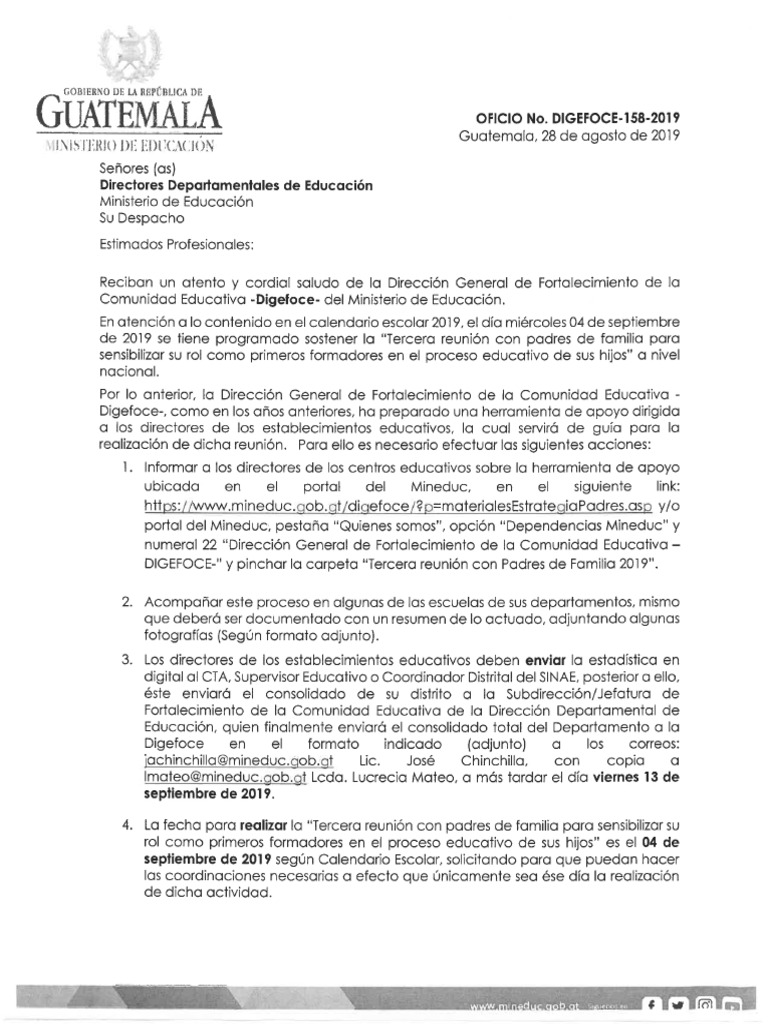OFICIO No DIGEFOCE-158-2019 Tercera reunión con padres de familia 04 de ... OFICIO No DIGEFOCE-158-2019 Tercera reunión con padres de familia 04 de ...