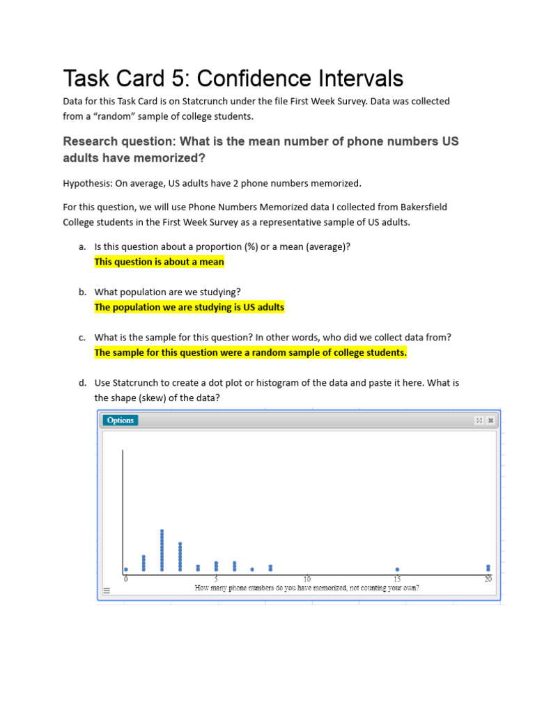 Task Card 5 - Confidence Intervals | PDF | Statistics | Statistical ...