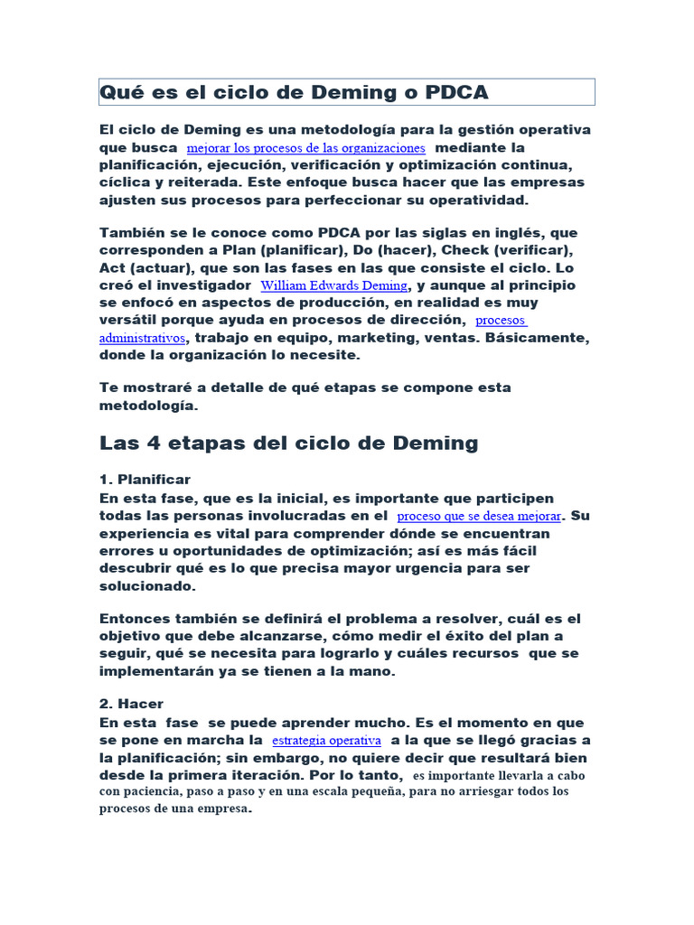 Qué Es El Ciclo de Deming o PDCA | PDF | Planificación | Business