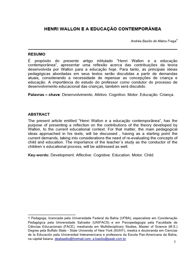 Henri Wallon e A Educacao Contemporanea | PDF | Aprendizado | Psicologia
