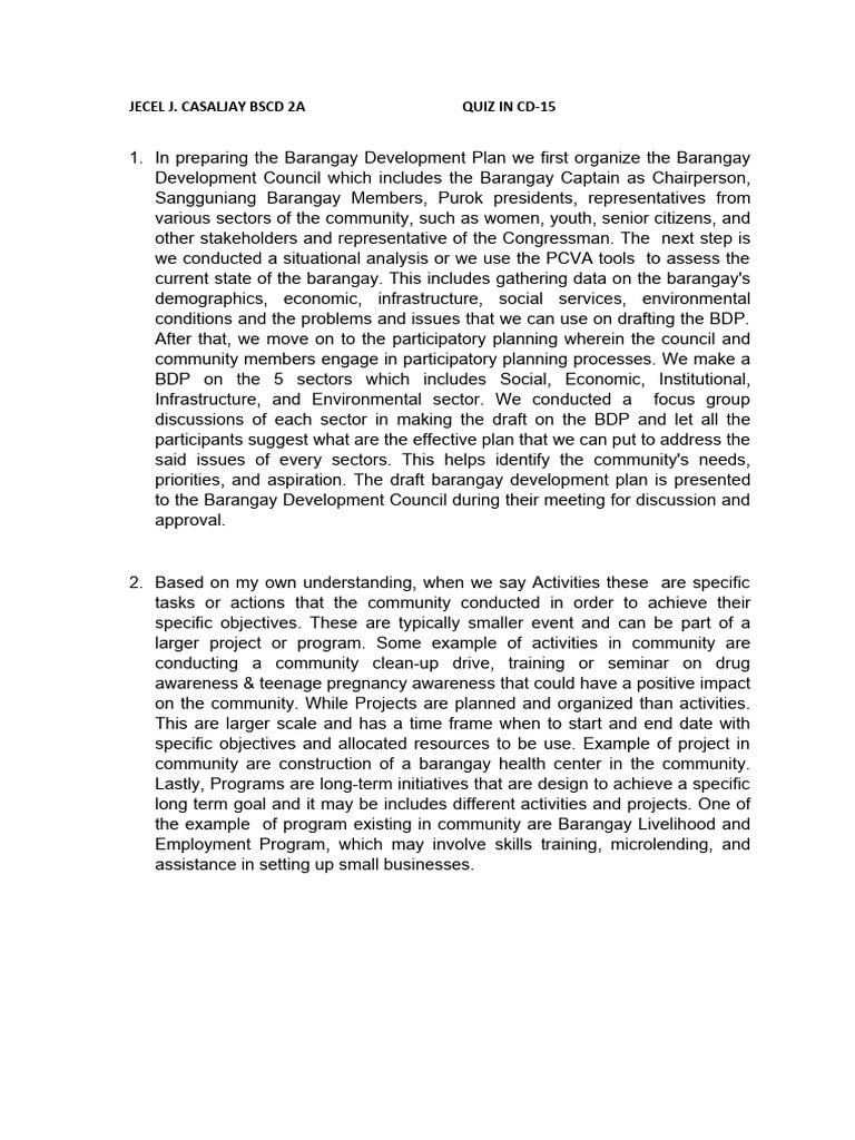 Casaljay Jecel QUIZ IN CD 15 | PDF | Community | Poverty