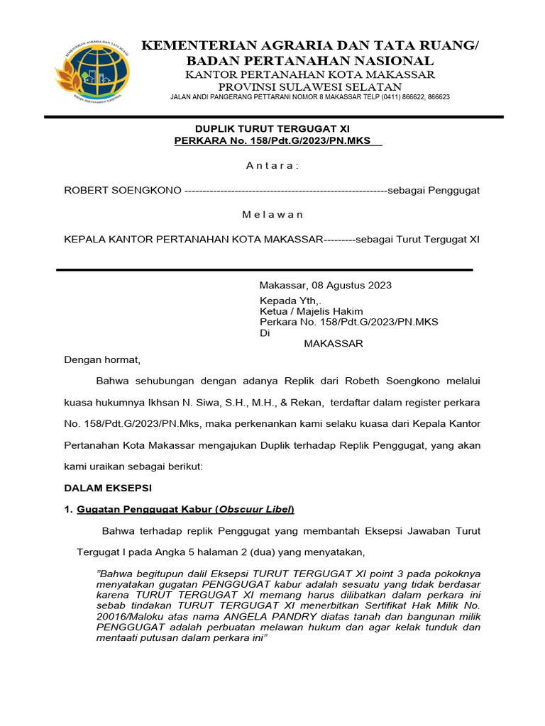 Duplik P 158 PDT.G 2023 PN - Mks | PDF