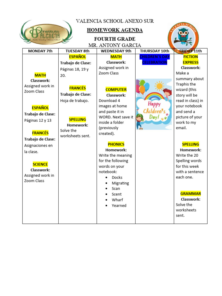 Fourth Grade Homework Agenda | PDF