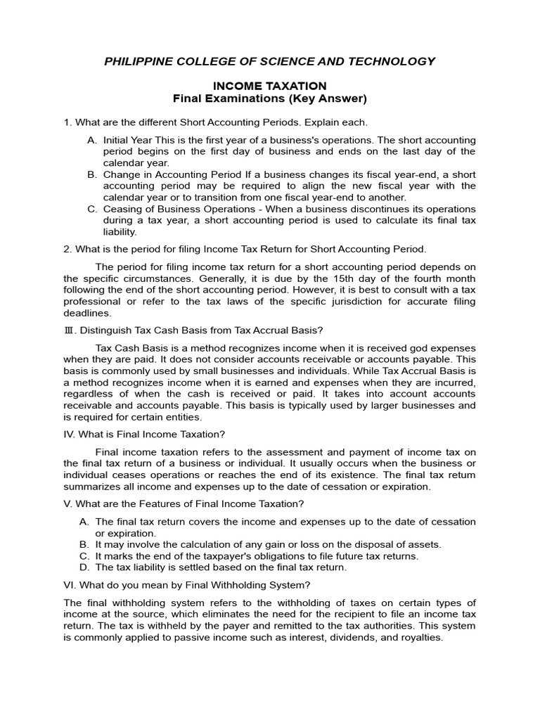 Key Answer - Final Examination | PDF | Income Tax | Taxes