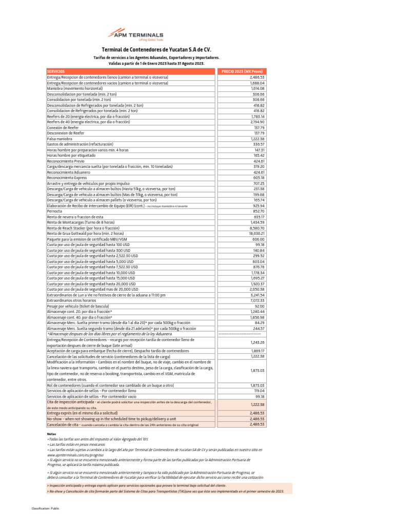 Tarifas LSC APMT Yucatán Español Ene-Ago 2023 | PDF