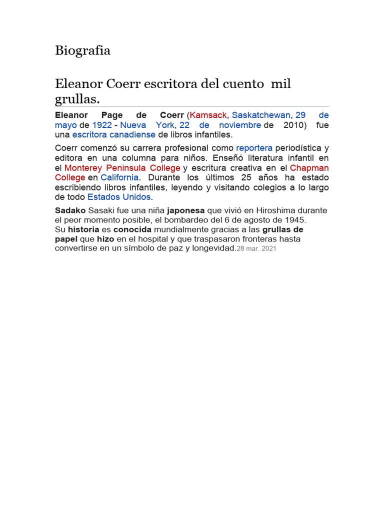 Biografía de Eleanor Coerr | PDF | Poesía | Clásicos