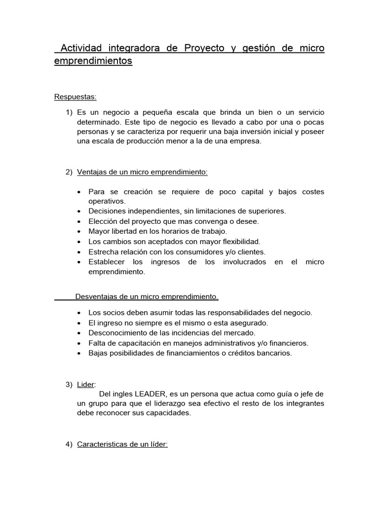 Actividad integradora de Proyecto y gestión de micro emprendimientos | PDF | Iniciativa ...