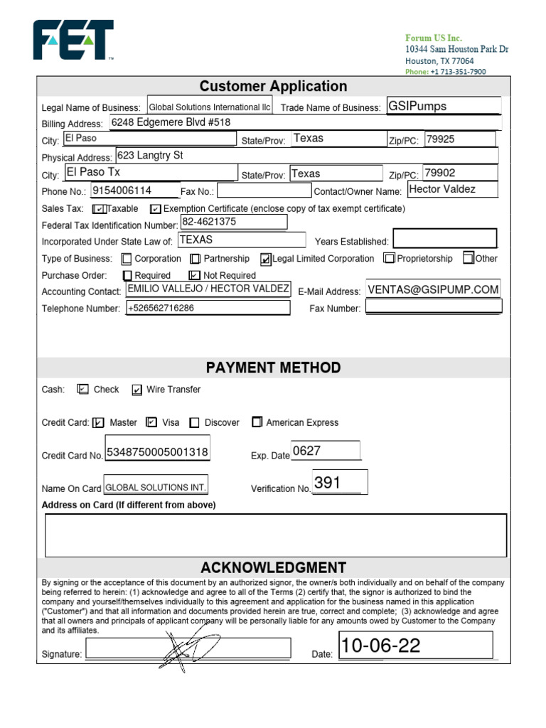 FET CIA Customer Application Form (1729) Filled | PDF | Credit Card ...