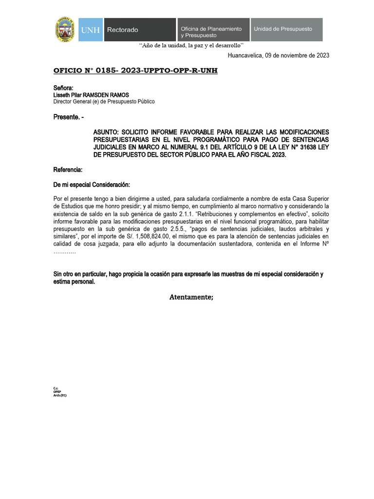 Oficio #0185 - 2023-Mef-Solicito Informe Favorable para Realizar Las Modificaciones ...