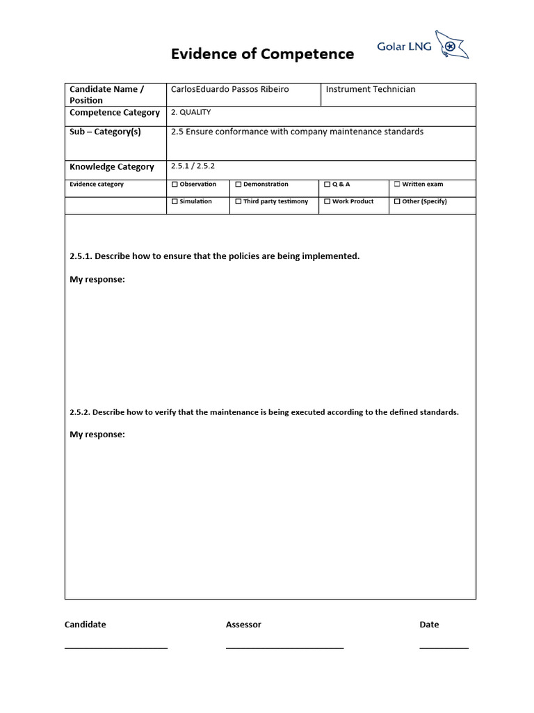 Competence Evidence for Instrument Technician | PDF | Computers