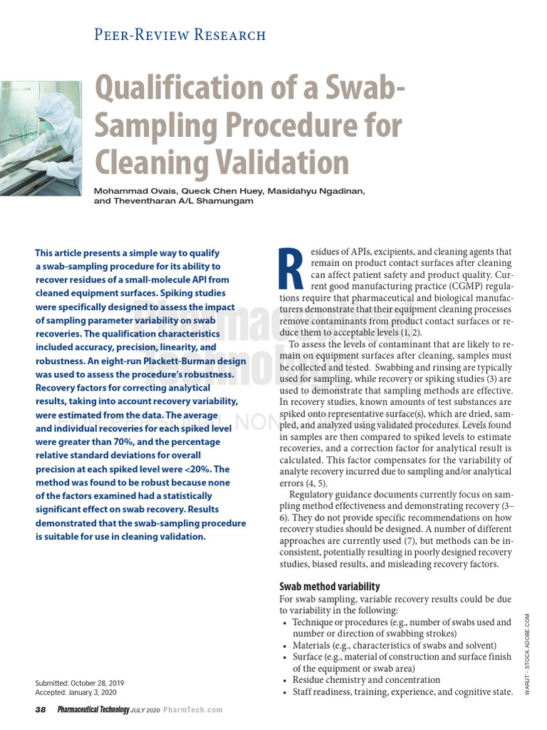 Qualification of a Swab- Sampling Procedure for Cleaning Validation ... Qualification of a Swab- Sampling Procedure for Cleaning Validation ...