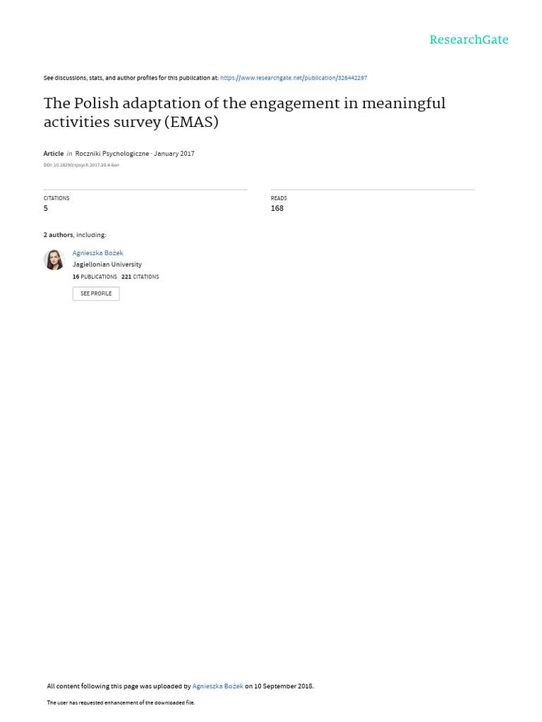 The Polish Adaptation of The Engagement in Meaningful Activities Survey (EMAS) | PDF ...
