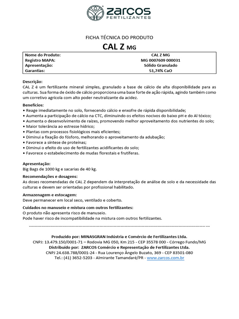 Ficha Técnica do Fertilizante CAL Z MG | PDF