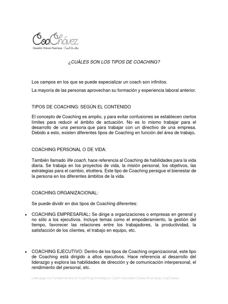 Cuáles Son Los Tipos de Coaching | PDF | Psicoterapia | Sicología